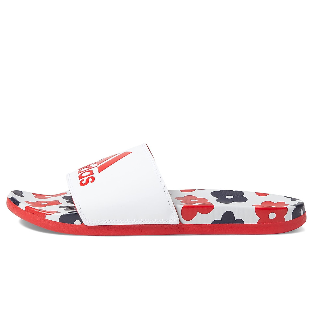 adidas Women's Adilette Comfort Slides Sandal, White/White/Better Scarlet, 7