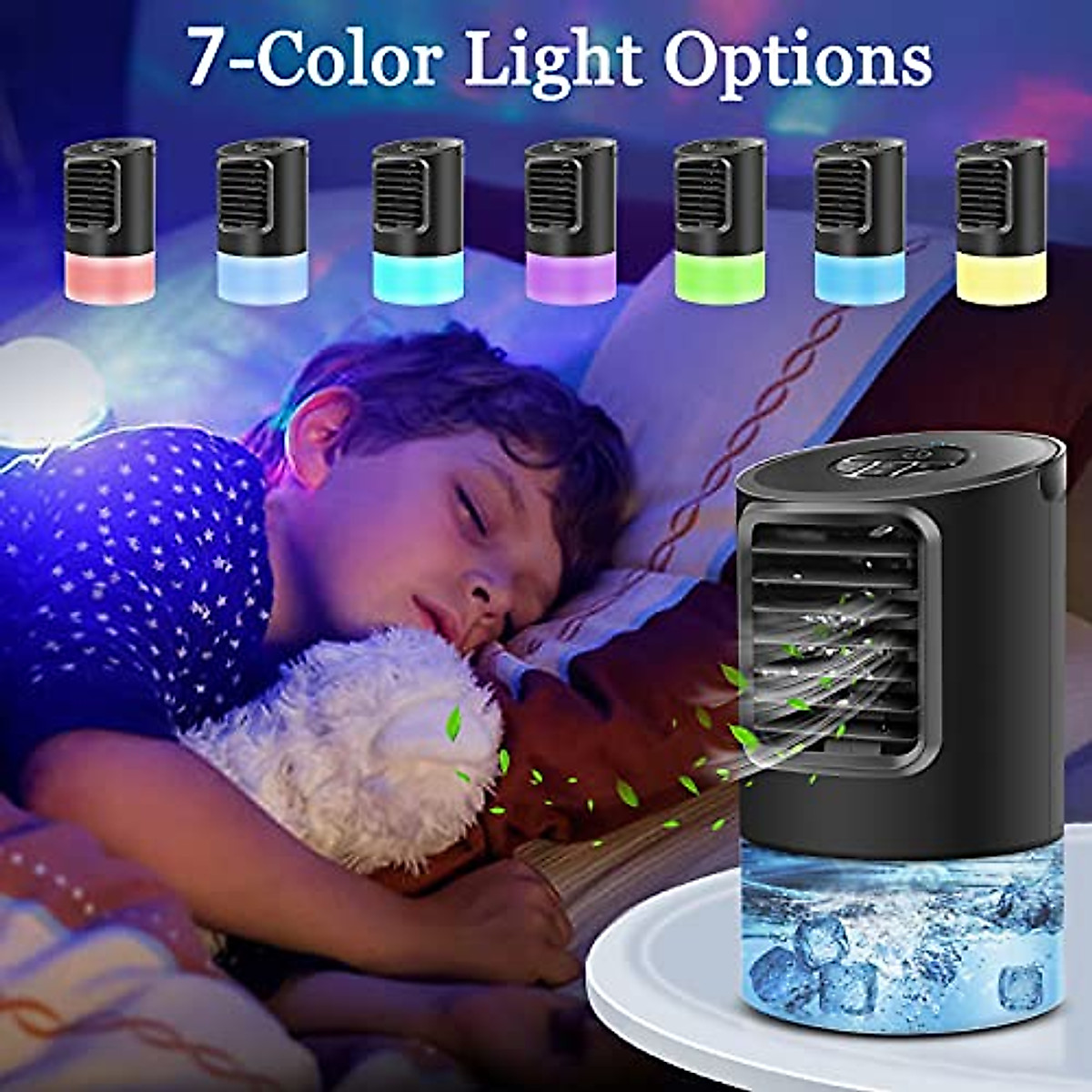 OVPPH Portable Air Conditioner Fan, Personal Evaporative Cooler Mini Desk Cooling Fan with Handle, 3 Speeds, Timer, 7 LED Light Circulator Humidifier Misting for Bedroom Home Office, Fashion Black