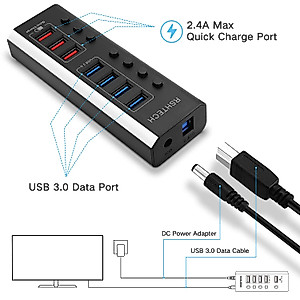 Powered USB Hub RSHTECH 7 Ports USB 3.0 Hub with 4 High Speed Data Transfer Ports + 3 Fast Charging Ports,36W 12V/3A Power Adapter and Individual On/Off Switches(A37-Black)
