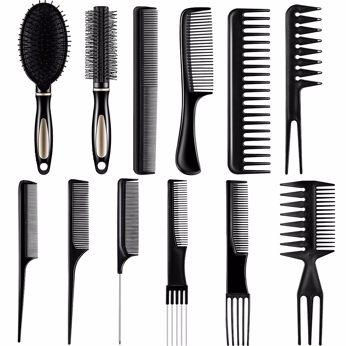 12 Pieces Hair Brush Comb Set Paddle Hair Brush Detangling Brush, Including 1 Airbag Massage Comb,1 Roller Brush and 10 Hair Styling Comb for Wet, Dry, Curly and Straight Hair (Black)