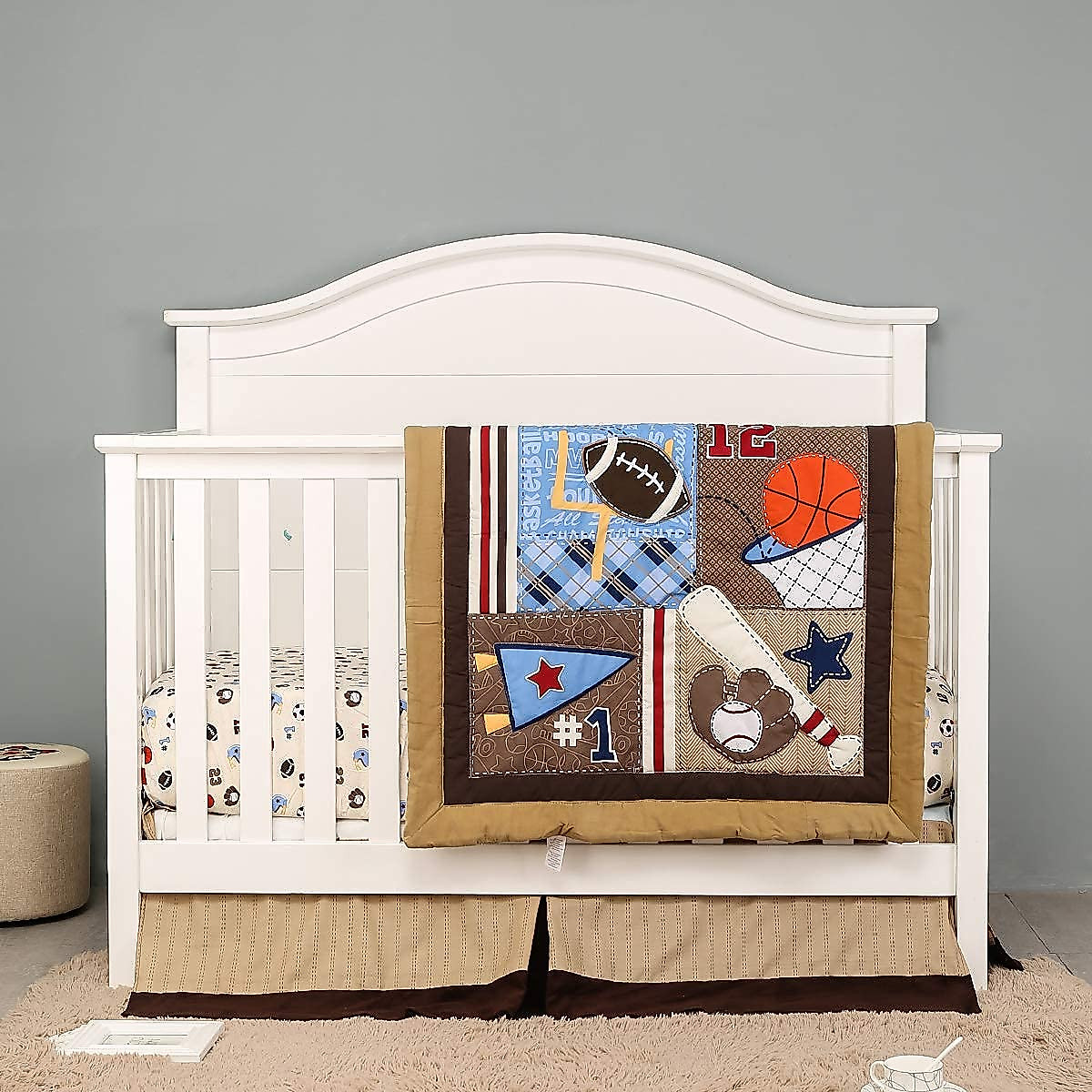 Brandream Crib Bedding Sets for Boys Happy Friends and Family Time - Sport Bedding Set | 3-Piece Nursery Set | Baby Quilt, Fitted Crib Sheet, Crib Skirt Included