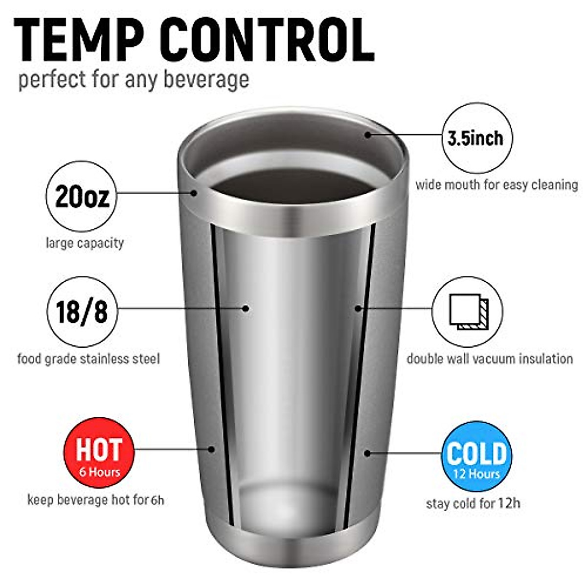 COMOOO 20oz Double Wall Vacuum Insulated Travel Mug, Stainless Steel Tumbler with Lid, Durable Powder Coated Insulated Coffee Cup for Cold & Hot Drinks (Cold Grey, 1 Pack)