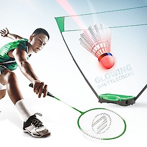 E-jetSport Portable Badminton Net Set with Storage Base, Rackets Lightning Shuttlecocks Combo Set for Family & Kids, Easy Setup for Backyard Training, Beach, Park, Picnic Games, Green,EOB375402021