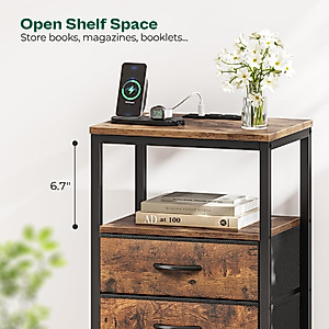 Huuger 5 Drawers Dresser with Charging Station, Dresser for Bedroom, Tall Night Stand, Chest of Drawers with Open Shelf, Bedside Table Nightstand, Fabric Dresser, for Entryway, Rustic Brown