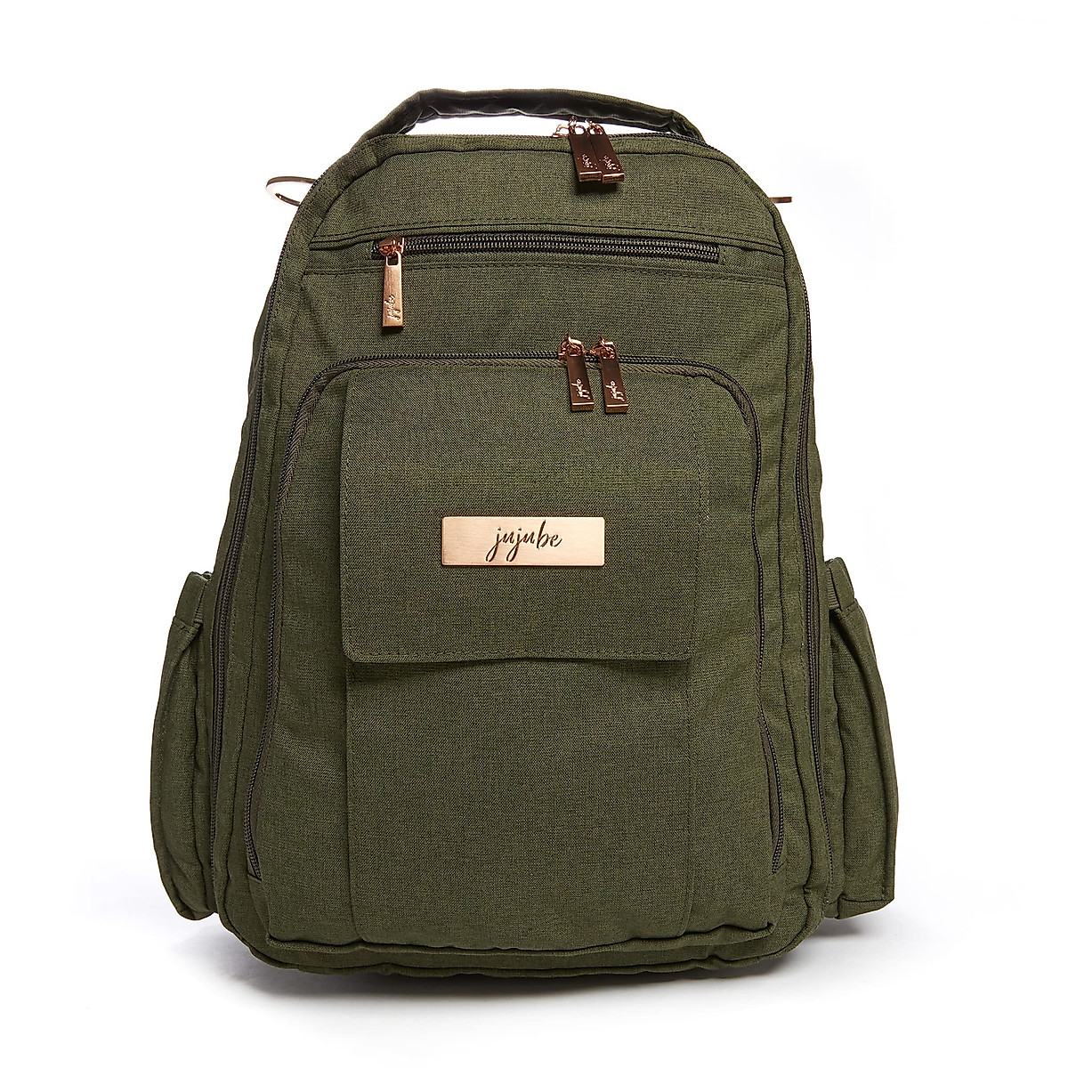 JuJuBe Diaper Bag, Travel Backpack with Portable Changing Pad, Stroller Hooks & Pockets for Baby Bottles, Diapers, Pacifier, Wipes, Snacks, & Daily Essentials, Mommy Carrier, Be Right Back - Olive