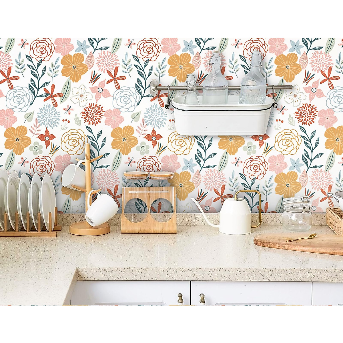 WENMER Floral Peel and Stick Wallpaper 17.71”×118”Boho Floral Wallpaper Pink Floral Contact Paper Self Adhesive Removable Wallpaper for Bathroom Cabinet Decorative