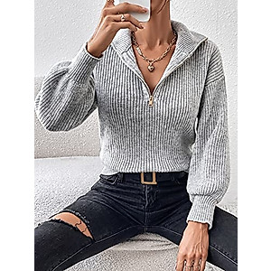 Verdusa Women's Casual Zip Up Long Sleeve Pullover Sweater V Neck Collar Knitted Top Light Grey S