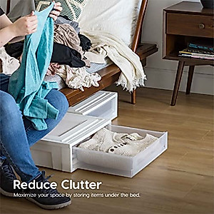 IRIS USA 27.5 Qt Plastic Under Bed Storage Containers with Sliding Organizer Drawers, 4 Pack, Stackable Storage Bins for Clothes, Linens and Shoes, White