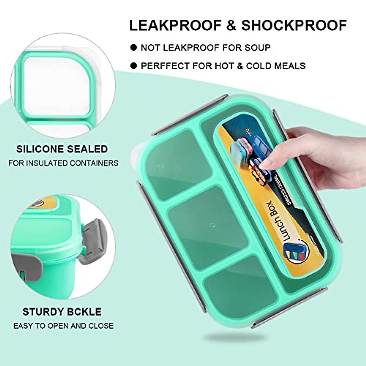 BentoMoment Bento Lunch Box, 4 Compartments Lunch Box Containers for Adults, 5 Cups Bento Box with Utensils& Fruit Fork, Cute Snack Lunch Box, Leakproof Microwave Safe Bento Boxes, Green