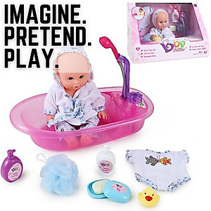 Liberty Imports Baby Bath Toys 13-Inch Little Newborn Doll Bath Set - Real Working Bathtub with Detachable Shower Spray and Accessories for Kids Pretend Play