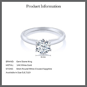 Gem Stone King 14K White Gold Hearts And Arrows White Created Sapphire Engagement Solitaire 6 Prong Ring For Women (1.20 Ctw, Round 6MM, Available In Size 5,6,7,8,9)