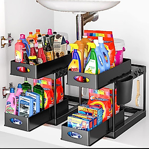 2 PackUnder sink organizer, double pull-out drawer multi-purpose under sink organizers and storage for bathroom kitchen,8 hooks 4cup