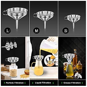 Stainless Steel Funnel, Walfos 3 Pack Kitchen Funnel with 2 Removable Strainer ＆ 1Pcs Cleaning Brush, Perfect for Transferring of Liquid, Oils, Jam, Dry Ingredients & Powder