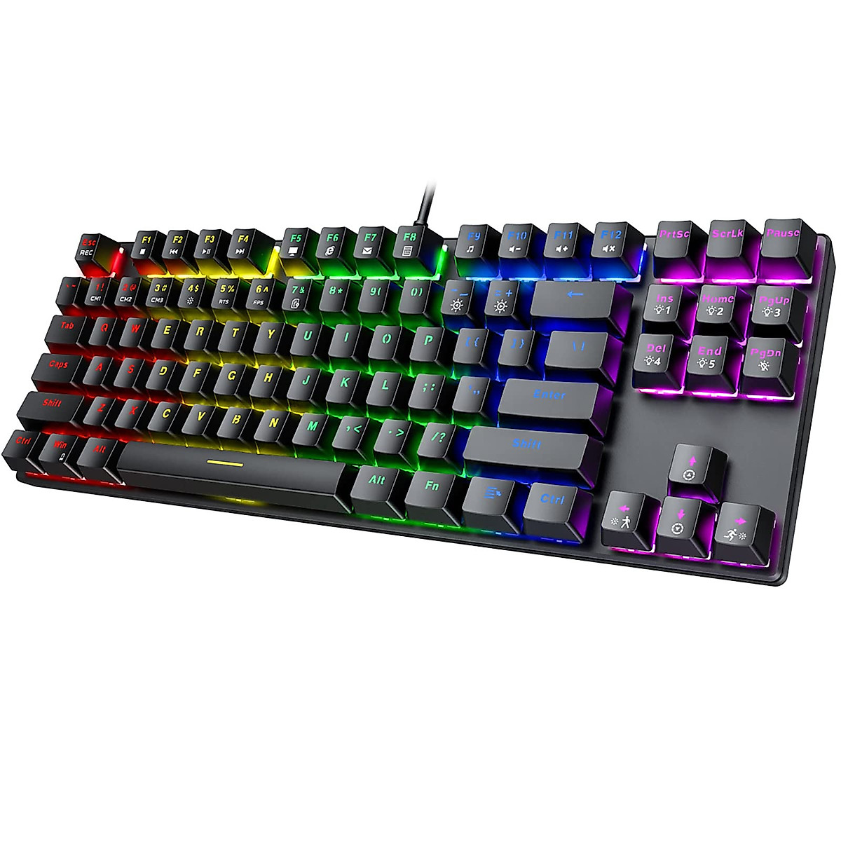 Mechanical Gaming Keyboard, Customizable Rainbow LED Backlit USB Wired Keyboard with Small Size/87 Keys/Multiple Colors/Detachable Keycaps/Spill Resistant,Ergonomic Keyboard for Windows