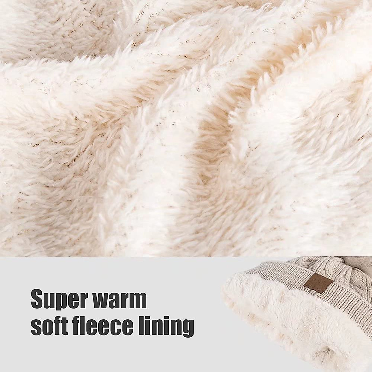 Alepo Womens Winter Beanie Hat, Warm Fleece Lined Knitted Soft Ski Cuff Cap with Pom Pom(Black+Soft Gray)