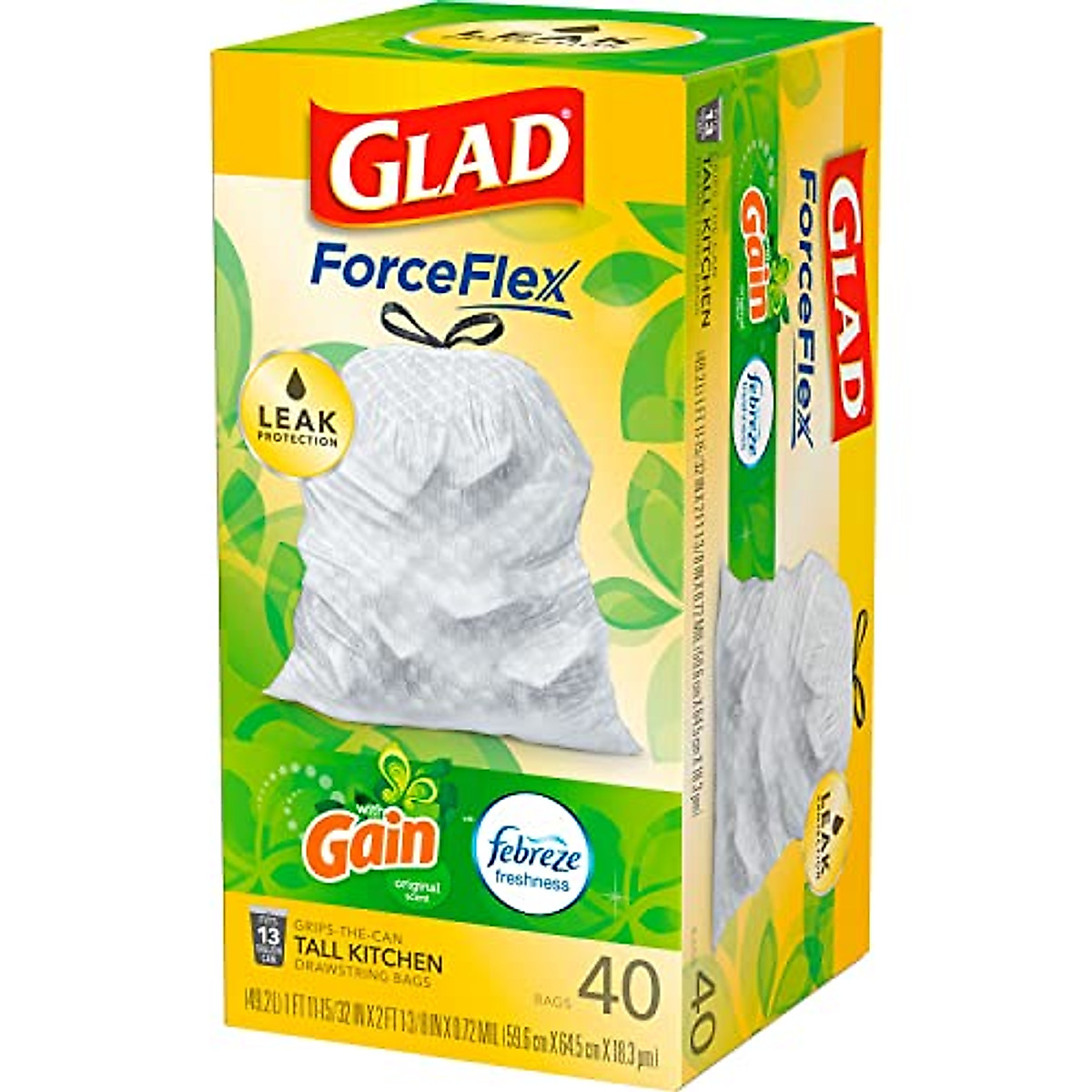 GLAD ForceFlex Tall Drawstring Trash Bags, 13 Gallon White Trash Bags for Tall Kitchen Trash Can, Gain Original Scent to Eliminate Odors, 40 Count