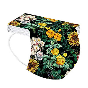 HEALT 50PC Flower Disposable Face_Masks with Designs for Spring Summer, 3-Ply Floral Facemasks with Nose Wire for Women Men (Style-19) Multicolor