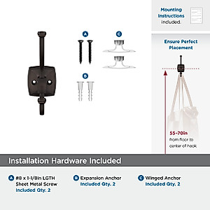 Amerock H37002ORB | Kinsale Double Prong Decorative Wall Hook | Oil Rubbed Bronze Hook for Coats, Hats, Backpacks, Bags | Hooks for Bathroom, Bedroom, Closet, Entryway, Laundry Room, Office