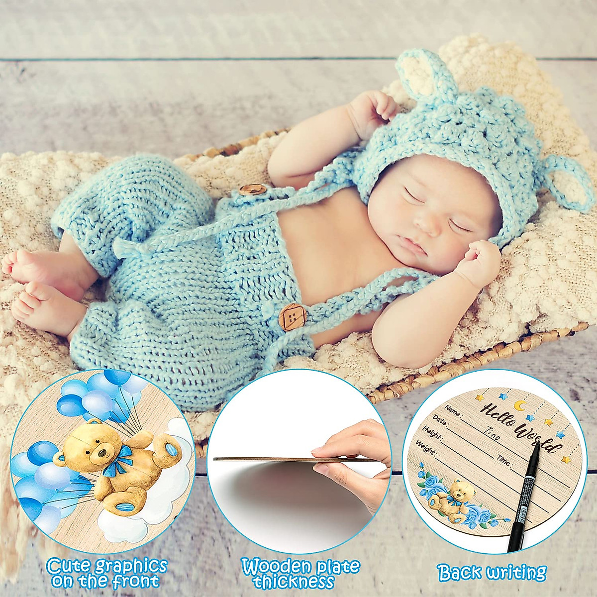 R HORSE Wooden Baby Birth Announcement Sign with Marker Pen Blue Bear Pattern Newborn Announcement Card Personalized Wooden Baby Birth Sign for Baby Shower Birthday Gift Keepsakes