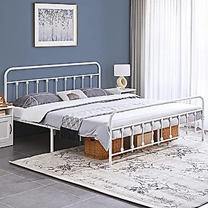 Topeakmart California King Size Victorian Style Metal Bed Frame with Headboard/Mattress Foundation/No Box Spring Needed/Under Bed Storage/Strong Slat Support White