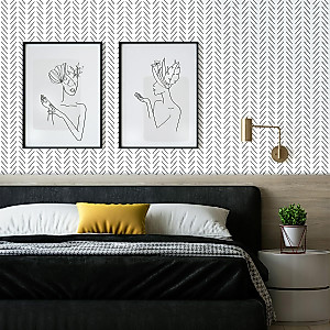 Erfoni Black and White Peel and Stick Wallpaper Modern Herringbone Contact Paper Bathroom 17.7inch x 118.1inch Geometric Removable Wall Paper Peel and Stick Self Adhesive Contact Paper