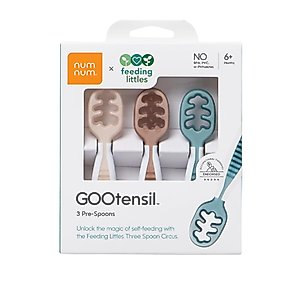 NumNum Baby Spoons Set, Feeding Littles x Silicone Pre-Spoon GOOtensils for Kids Aged 6+ Months - First Stage, Baby Led Weaning (BLW), Teething Spoon - Toddler Utensils - 3 Spoons, Neutrals