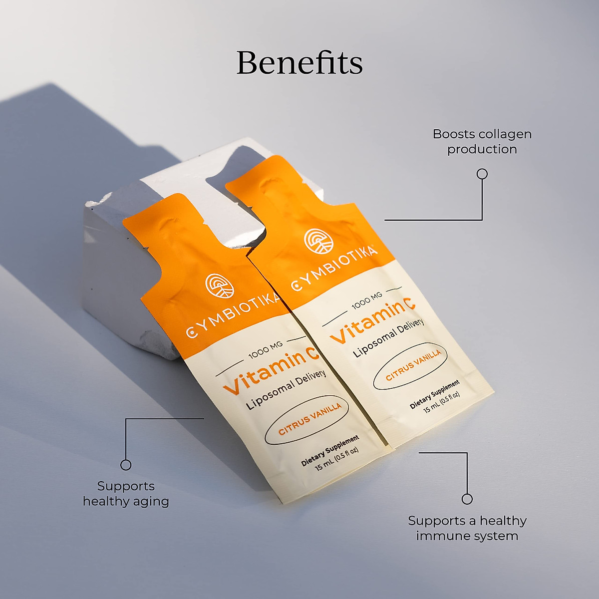 CYMBIOTIKA Vitamin C Individual Packets, Liposomal Delivery, Supplement for Immune Support, Collagen Boost, & Healthy Aging, Skin Hydration Packets, Citrus Vanilla Flavor, 30 Pack