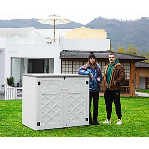 ADDOK 2SG Larger Horizontal Storage Shed Wood-Like, 4.4 x 2.8 ft Outdoor Storage Cabinet Lockable, Thick Resin Storage Unit for Trash Cans, Yard Tools（Large Begie White/37 Cu. ft