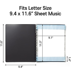 MECCALINE Sheet Music Folder (1 Pack, Black) – 40 Sleeves Display 80 Pages Spiral Binder Organizer for Music Stand – Fits Letter Size 8.5 x 11 Inch – Direct Page Writing with Detachable Name Tag