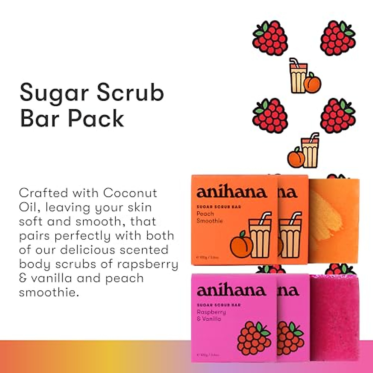 ANIHANA Sugar Scrub Soap Bars 4 Pack with Coconut Oil, Moisturizing, Exfoliating Body Scrub, Refreshing Raspberry Vanilla and Peach Smoothie Scents 3.6 Oz each