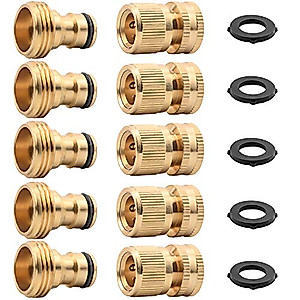 ADrivWell Garden Water Hose Quick Connectors 3/4 Inches Brass Easy Connect Hose Adapter(5 Sets of Male & Female Connector) with Extra Rubber Washers