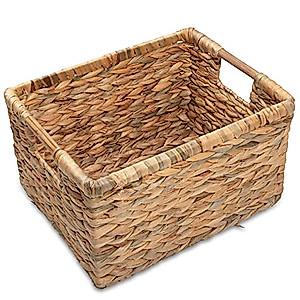 Water Hyacinth Wicker Basket Rectangular with Wooden Handles for Shelves