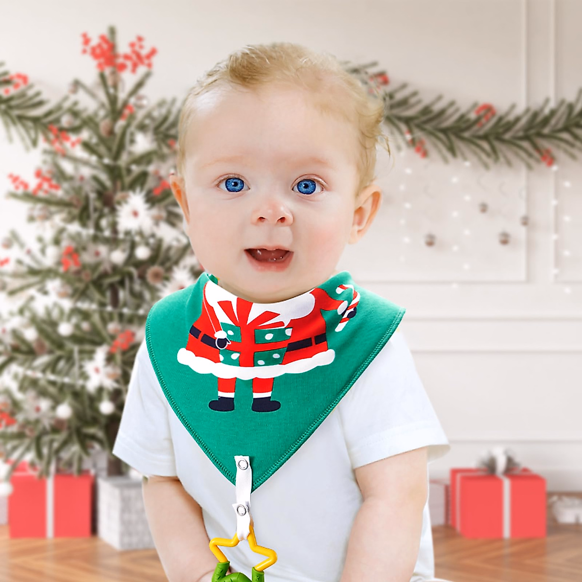 Baby Bandana Drool Bibs,Christmas Bibs for Boys and Girls by Super Absorbent Bandana Drool Bibs,Teething Toys Bibs Organic Cotton Baby Bibs for Infant Set of 4 with Two Teething Toys-Snowman,Santa