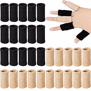 30 Pieces Finger Sleeves,Elastic Compression Protector with 1 Storage Bag,Finger Compression Sleeves,Elastic Thumb Sleeve,Finger Protector Sleeve for Relieving Pain Sports(Black + Beige)