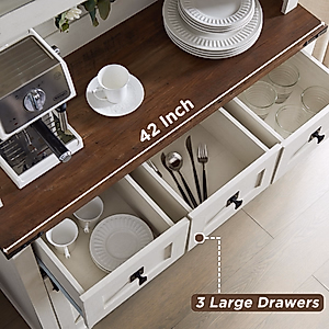 OKD 72" Farmhosue Bar Cabinet with Sliding Barn Door, Large Kitchen Buffet with Hutch w/Wine & Glasses Rack, 3 Drawers, 12 Storage Shelves, Rustic Coffee Bar Sideboard Table, Antique White