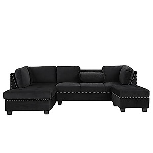 DHHU Fine Sectional, Reversible Chaise, L Shaped Couch Sofa with Ottoman for Living Room, Apartment, Office, Gray, Black Funiture Sets