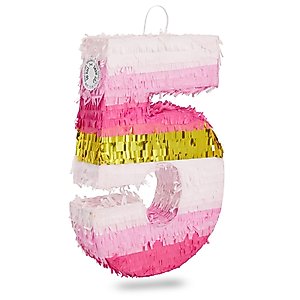 BLUE PANDA Number 5 Pinata, Pink and Gold Foil for Girls 5th Birthday Party Decorations (Small, 16.5 x 11.6 x 3 In)