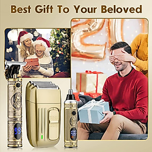 Dumite Hair Clippers for Men,Professional Cordless Barber Trimmer Set,Nose and Ear Hair Trimmer with Razor Replacement Head,USB Rechargeable Hair Cutting Grooming Kit-LED Display (Gold-1)