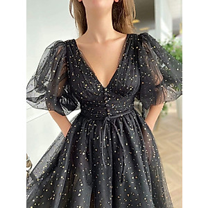 Xijun Women's Puffy Sleeve Prom Dresses with Slit Sparkle Starry Tulle Black Corset A Line Half Sleeve V-Neck Tea Length Formal Party Gowns US8