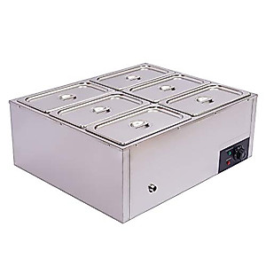 Fichiouy 850W Commercial 6-Pan Electric Countertop Steam Food Warmer, Stainless Steel Buffet Large Capacity 6 Lids Table Steamer Bain Marie for Restaurant