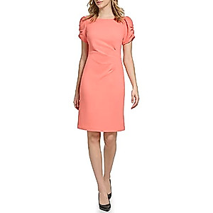Karl Lagerfeld Paris Women's Waist Detail Puff Sleeve Sheath Dress, Coral Quartz, 2