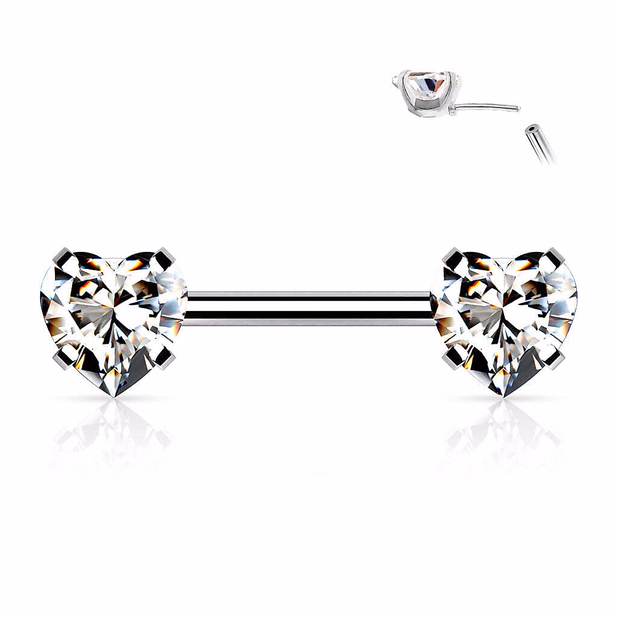 12mm Pair of Surgical Steel Threadless Push in Nipple Barbells with Prong Set Heart CZ - Clear