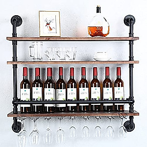 Industrial Pipe Shelf Wine Rack Wall Mounted with 9 Stem Glass Holder,3-Tiers Rustic Floating Bar Shelves Wine Shelf,36in Real Wood Shelves Wall Shelf Unit,Steam Punk Pipe Shelving Wine Glass Rack