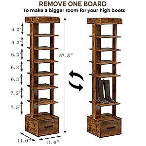 usikey 8 Tiers Vertical Shoe Rack, Wooden Narrow Shoe Tower with Bottom Drawer, Tall Shoe Rack Organizer, Space Saving Shoe Storage Shelf Stand for Small Space, Entryway, Rustic Brown