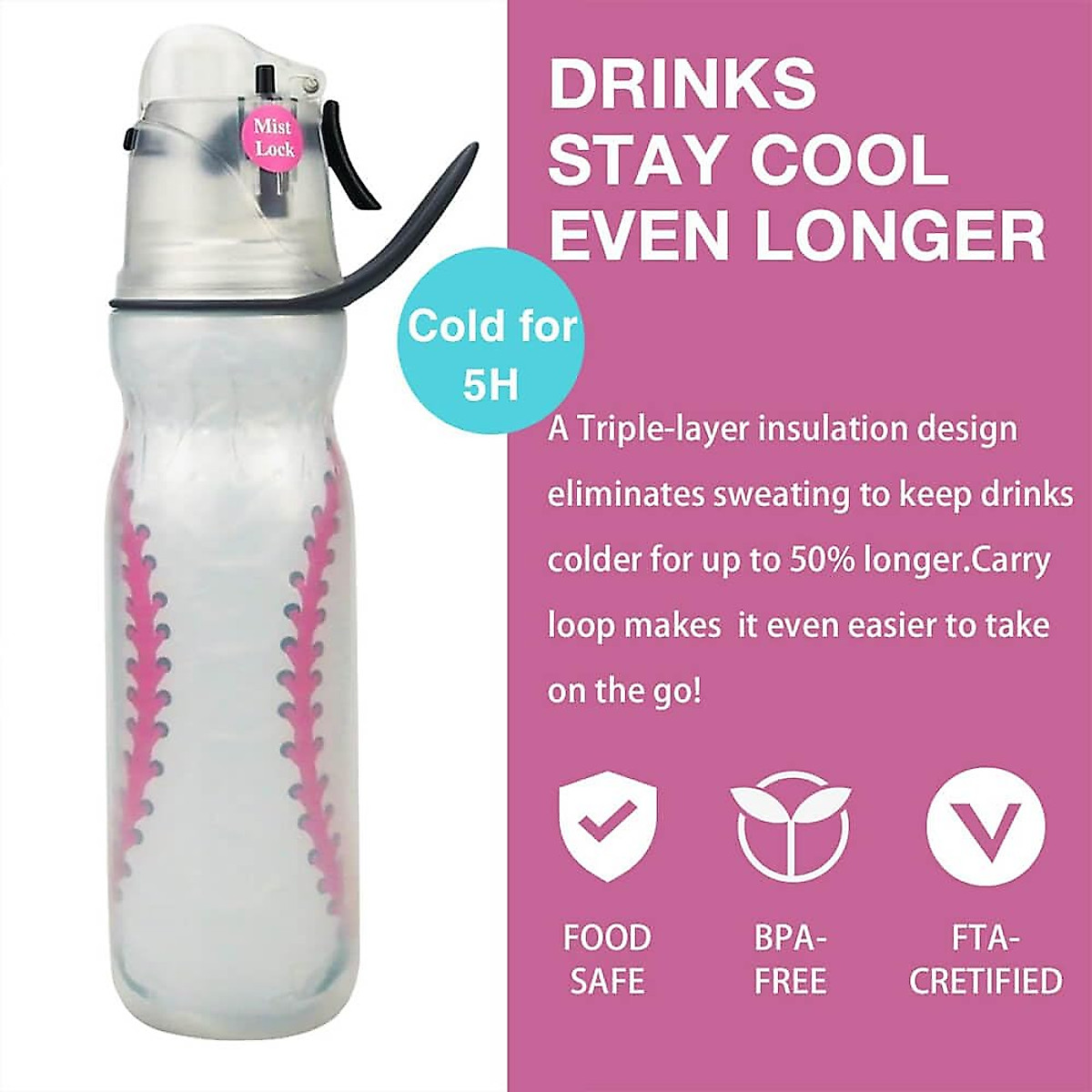 efiLneerG Insulated Sports Water Bottle with Spray Mist and Sip Kids Cool Misting Water Bottles School for Gym Cycling Running Climbing 20 OZ, Leak Proof Squeeze Cold Water Bottle Baseball