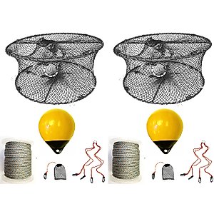 2-Pack of KUFA Sports Foldable Prawn Trap (Stretched Mesh Size:1-3/4") with 400' Rope, Yellow Float, Plastic Vented Bait Cage & Harness Combo (PRN59+PBQH38Y) X2