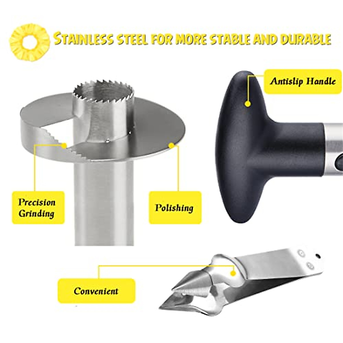 Pineapple Corer and Slicer Tool, Stainless Steel Pineapple Core Remover Tool with Pineapple Eye Peeler, Stainless Steel Pineapple Cutter for Home Kitchen with Sharp Blade for Diced Fruit Rings