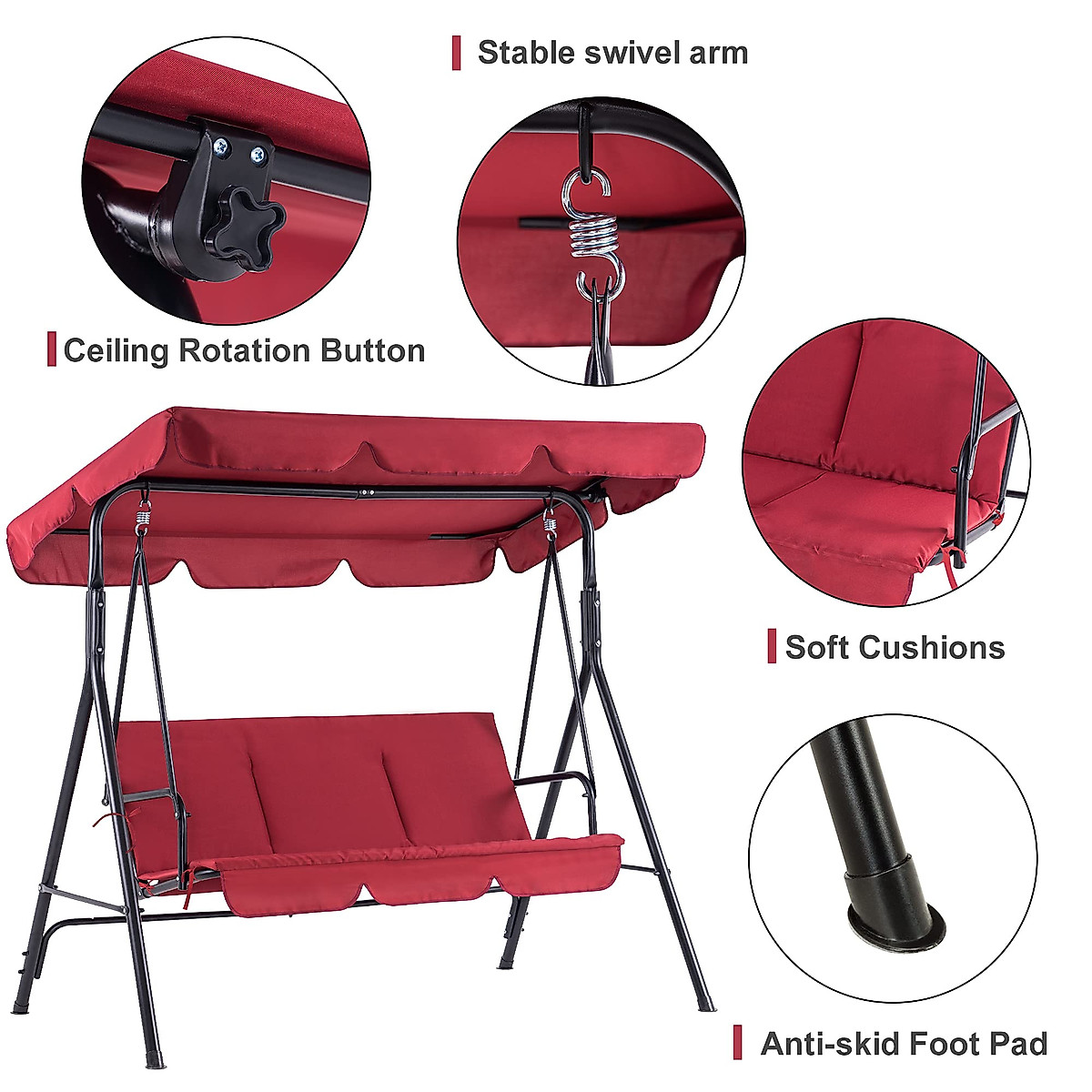 MCombo 3-Person Outdoor Patio Swing Chair, Convertible Canopy Hanging Swing Glider Lounge Chair, Removable Cushions, 4003 (Red)