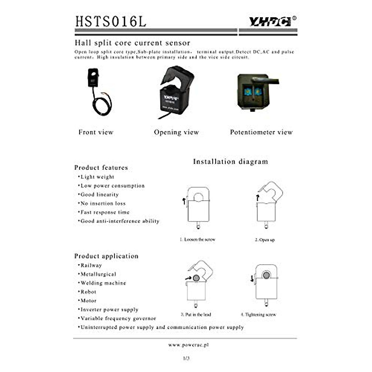 YHDC Hall Split core current sensor HSTS016L 30A/2.5±0.625V 1%, Black
