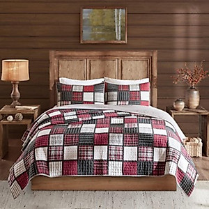 Woolrich Reversible Quilt Cabin Lifestyle Design - All Season, Breathable Coverlet Bedspread Bedding Set, Matching Shams, Oversized King/Cal King, Tulsa Plaid Red/Grey 3 Piece
